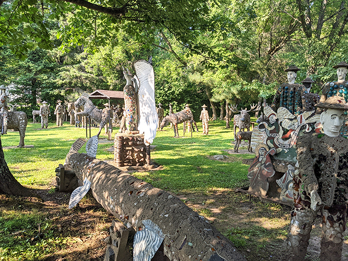 The park's sculptures create a strange concrete community where everyone is perpetually having the best day ever, rain or shine.