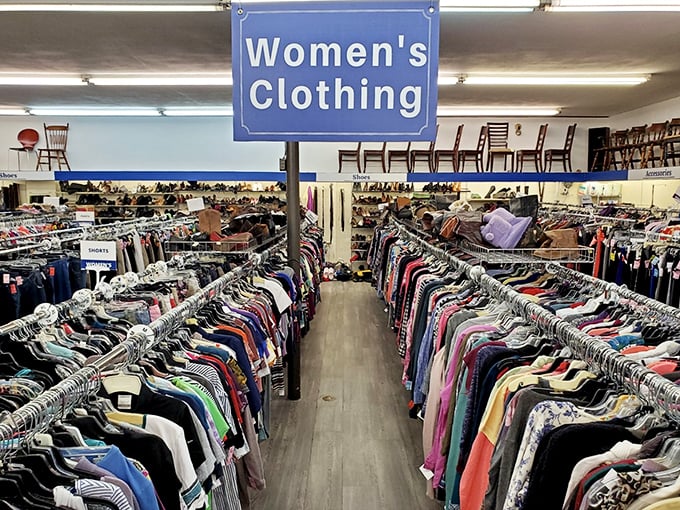 The women's clothing section rivals department stores in organization and variety. Color-coded racks make finding that perfect blouse as easy as pie—easier, actually.