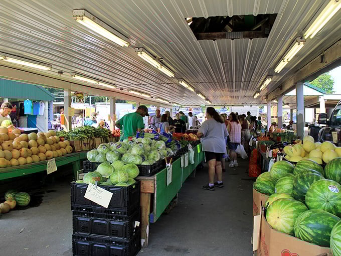 Blue Ridge Flea Market’s produce stalls tempt shoppers with farm-fresh finds under the shade of its covered walkways.