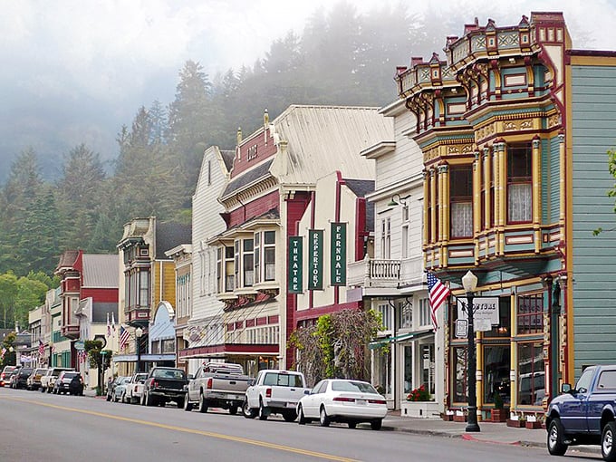 Ferndale's colorful Victorian buildings stand like decorated wedding cakes, each one trying to outdo its neighbor in gingerbread trim.