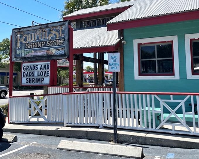 The Fourth Street Shrimp Store's cheerful teal exterior matches the mood you'll be in after trying their grouper.