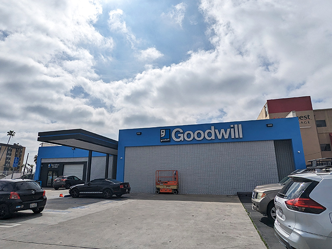 This Goodwill's bright blue exterior stands out on Sunset Boulevard like a beacon for the bargain-hunting faithful.