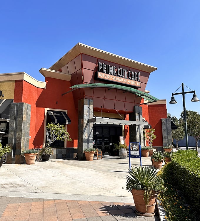 Prime Cut Café's modern exterior brings contemporary flair to the steakhouse scene. This Orange County gem proves great steaks don't require dark wood paneling.
