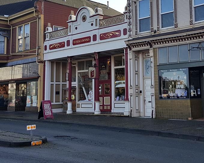 Eureka Books' ornate façade hints at the literary treasures within—a bibliophile's haven where the smell of old pages competes with ocean breezes.