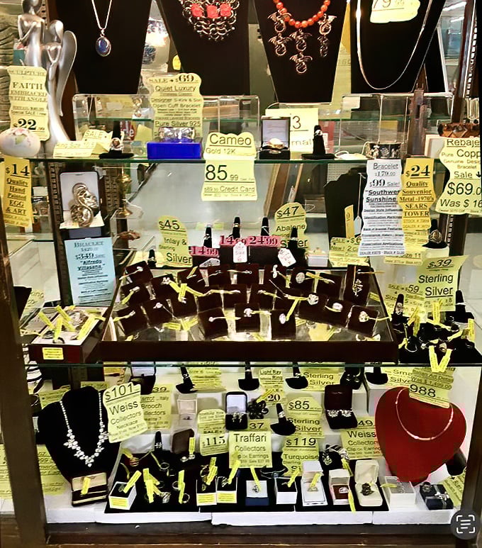 Jewelry cases glitter with possibilities - each piece waiting to adorn a new owner with its unique history and charm.