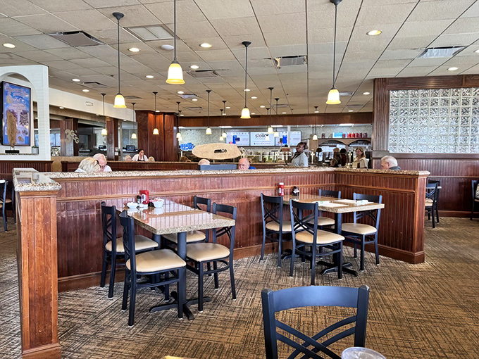 Warm wood tones and comfortable seating create the perfect backdrop for the main event: food that makes you close your eyes when you take a bite.