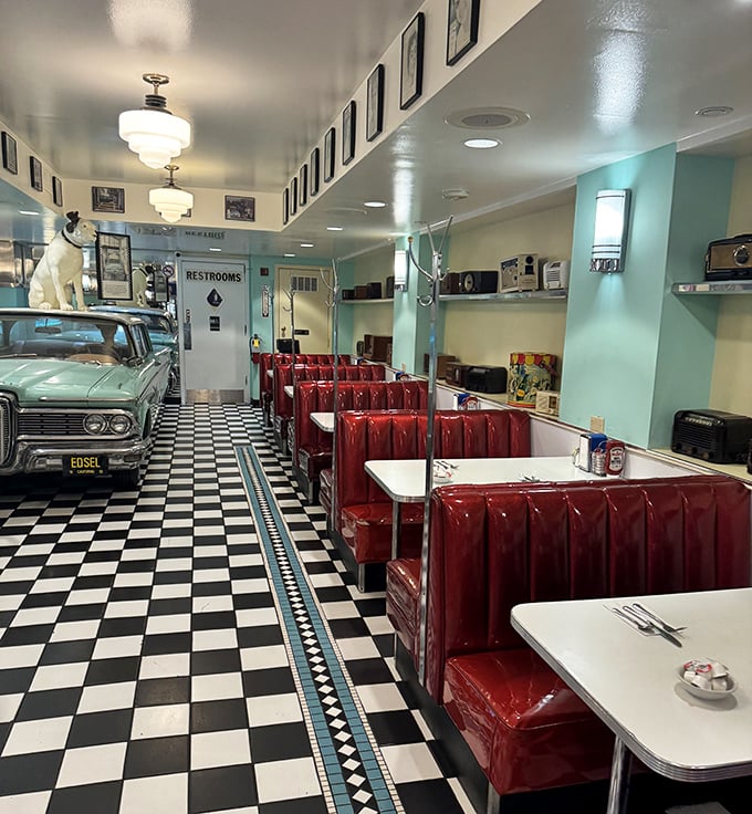 Classic cars parked indoors? At Lori's, even the décor has horsepower, complementing those fire-engine red booths perfectly.