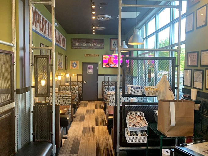 Green walls and clever décor create dining nooks that feel like you've discovered your own secret burger hideaway.