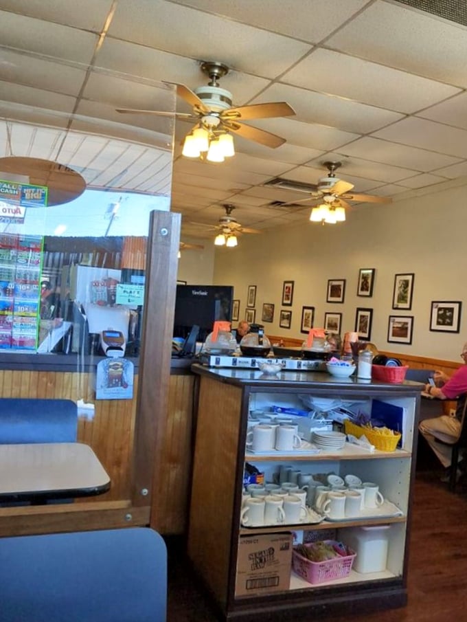 The counter area serves as command central for coffee refills and friendly banter—the heart of Quinn's operational magic.