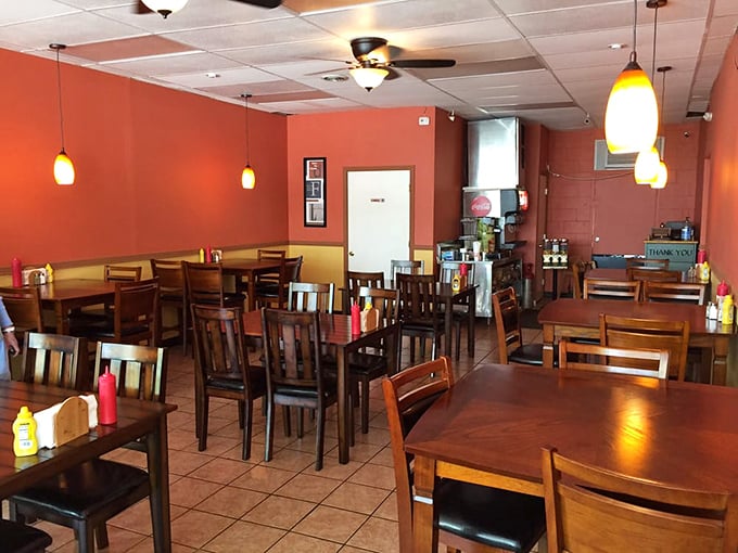 Simple wooden tables, comfortable chairs, and condiments at the ready – this is a restaurant that prioritizes what matters: the food and the folks enjoying it.
