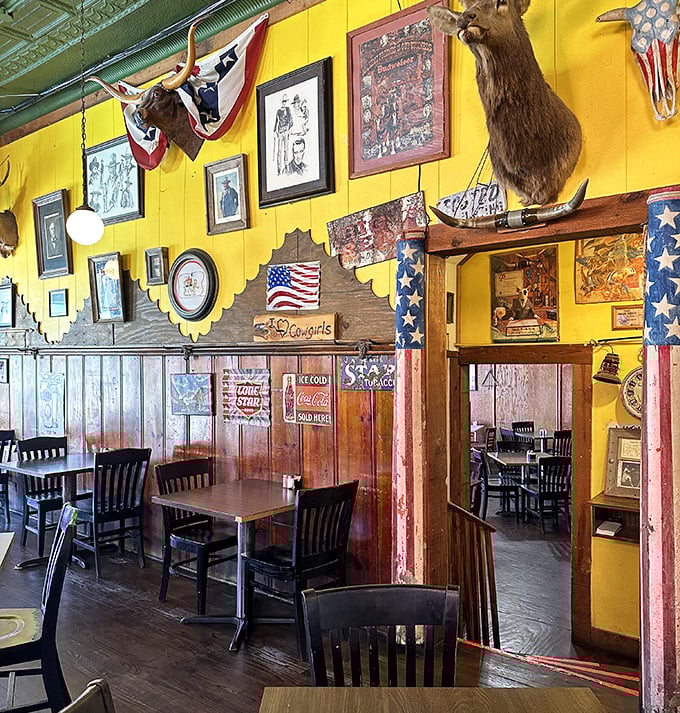 Yellow walls adorned with Texas pride create the perfect backdrop for meals that haven't changed since your grandparents' first date.