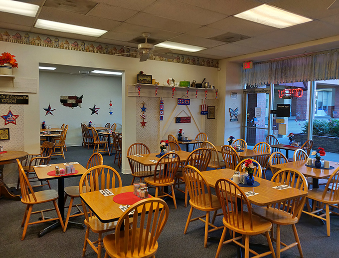 Tables arranged with just enough space for privacy but close enough to catch snippets of local gossip—diner design perfection.
