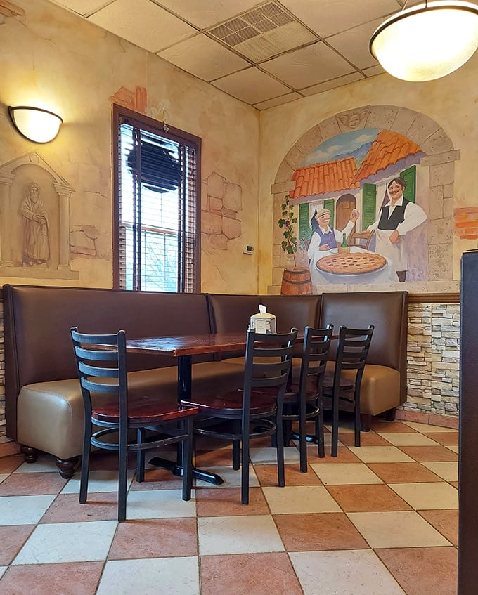 The murals transport you to an Italian village, while the comfortable seating ensures you'll want to linger long after your meal. 