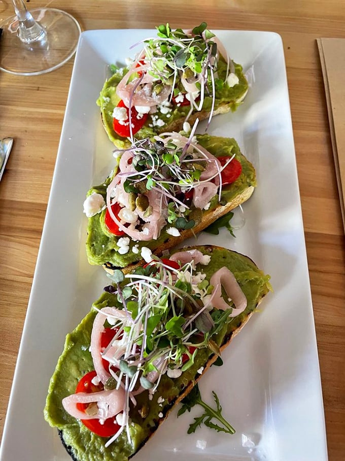 Avocado bruschetta that looks like edible modern art—California and Italy had a delicious baby, and here it is.
