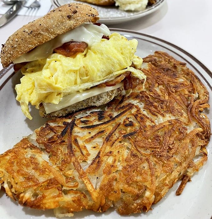 The holy trinity of breakfast sandwiches – eggs, cheese, and bacon – with a hashbrown sidekick that deserves its own fan club.