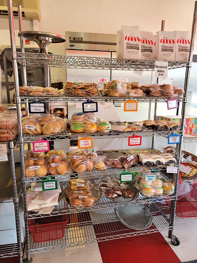 Bakery shelves stocked with tomorrow's regrets and today's joys. Each labeled bin holds edible treasures worth every minute in line.