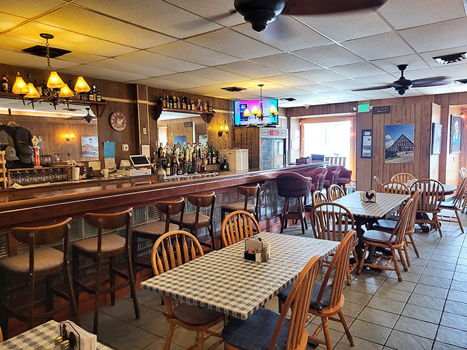 The bar area offers the perfect spot to wet your whistle while contemplating your next chicken-centric life decision.