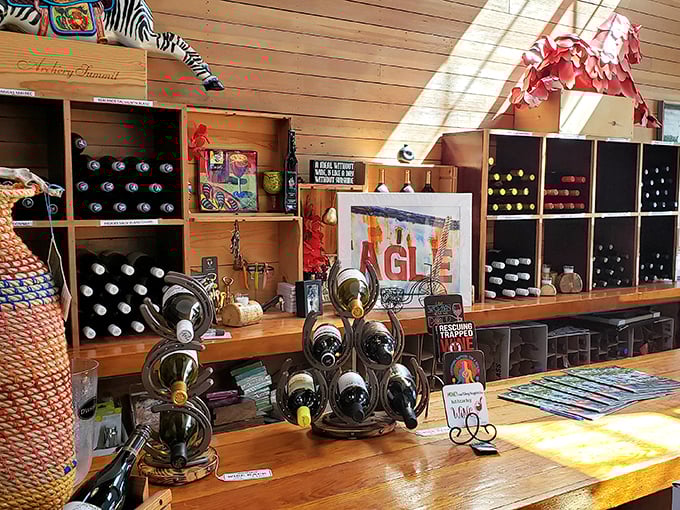 The wine display isn't just storage—it's a visual promise of the perfect pairing waiting to complement your seafood selection.