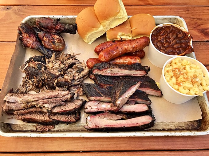 The barbecue equivalent of a greatest hits album. Ribs, brisket, sausage, and sides sharing a tray in perfect harmony—no encore necessary.