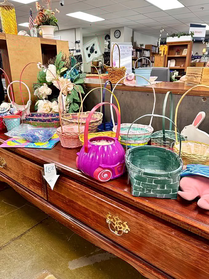 Easter baskets in a spectrum of colors await their seasonal debut. From traditional woven wonders to that eye-catching hot pink statement piece—spring's treasures at winter prices.