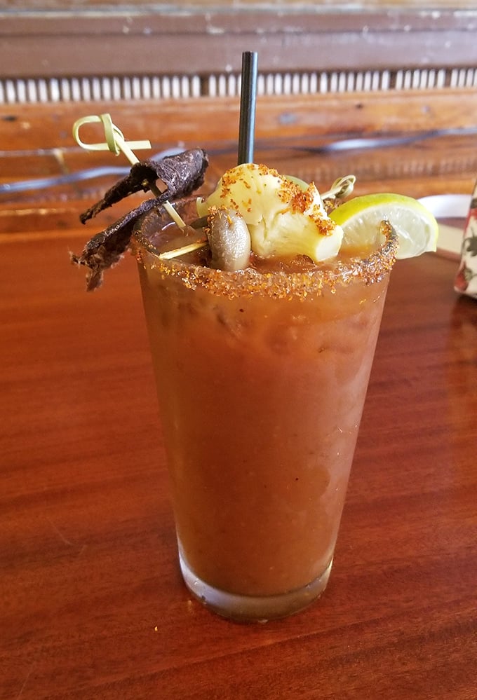 A Bloody Mary that's practically a meal with benefits. That garnish deserves its own zip code.