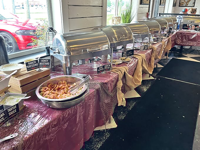 The buffet line—a seafood parade where shrimp are the stars. Those chafing dishes hold treasures that would make Neptune himself jealous.