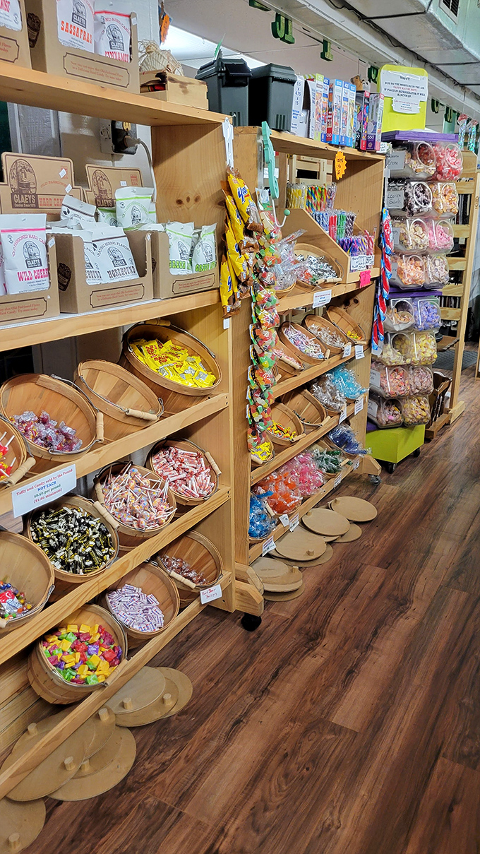 Old-fashioned candy barrels evoke childhood nostalgia while tempting modern sweet tooths—a sugar-fueled time machine in wooden bucket form.