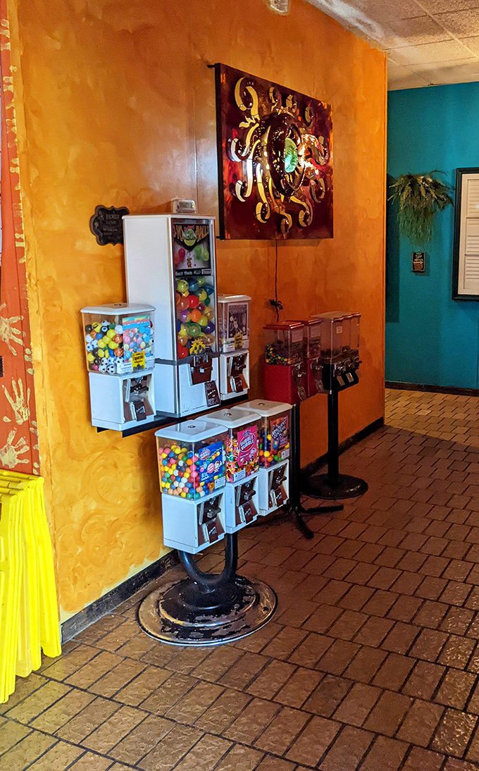 Even the candy machines wear festive colors here. A sweet ending waits for those who saved room—or for kids who've been patient.
