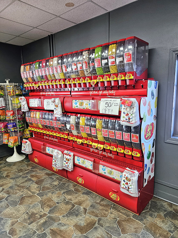 The Jelly Belly dispenser—a colorful wall of tiny flavor bombs waiting to create custom mixes that reveal more about you than any personality test.
