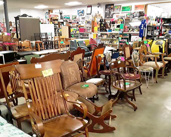 A lineup of rocking chairs and wooden seats stands at attention like eager candidates auditioning for the role of "favorite reading spot."