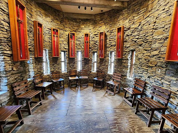 This circular chamber lined with wooden benches feels like a place where secret societies might gather—or medieval book clubs, perhaps?