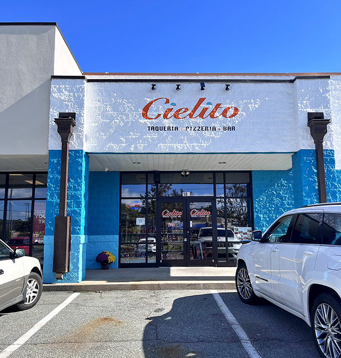 Cielito's vibrant blue exterior promises authentic flavors inside—where tacos and pizza find unexpected harmony under one roof.