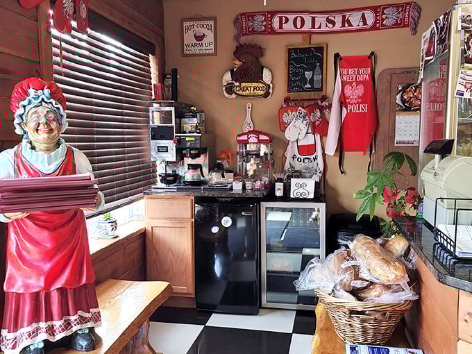 The coffee station comes with a side of Polish hospitality. That traditional figurine isn't just decoration—she's silently judging if you take too much sugar.