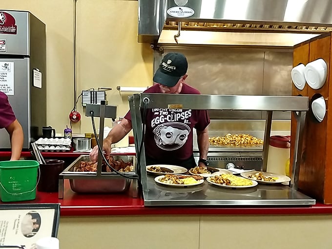 Where breakfast magic happens. The open kitchen concept existed here long before it became trendy in upscale restaurants.