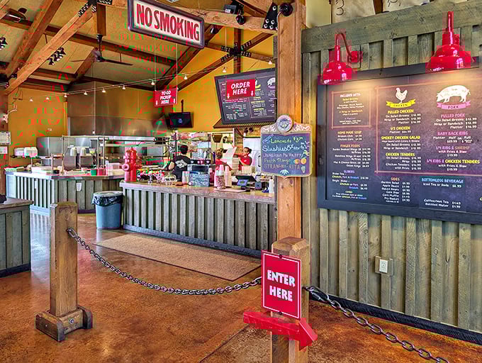 The ordering counter welcomes you with rustic wood and that unmistakable "ENTER HERE" sign – your first step toward barbecue enlightenment.