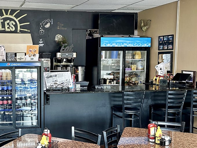 The counter area—where breakfast magic happens behind the scenes. Like watching the backstage of a Broadway show, except with more bacon.