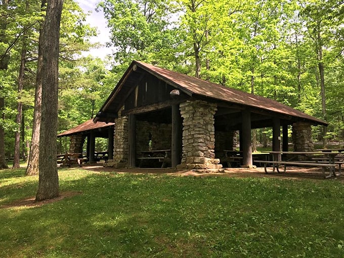 Stone and timber shelters built by the CCC boys who knew a thing or two about creating spaces that outlast trends.