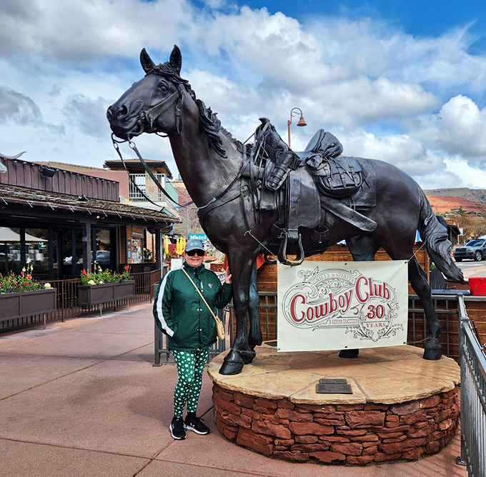 Not just any horse statue—this magnificent steed stands guard outside, silently judging those who leave without trying the bison burger.