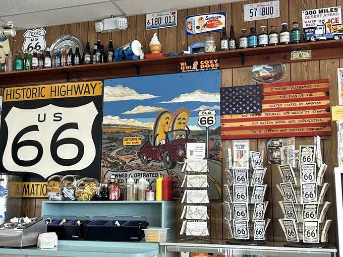 The walls tell stories of American road culture that no Instagram filter could improve – authentic, weathered, and absolutely perfect.