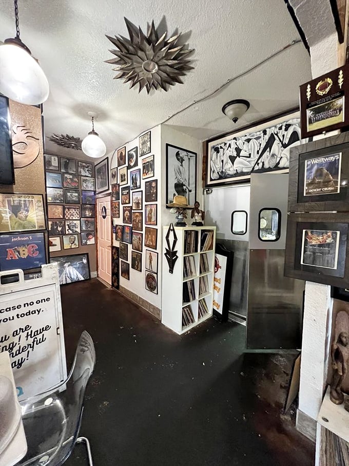 Every inch of wall space tells a story, creating an immersive experience where music history and barbecue tradition share equal billing. 