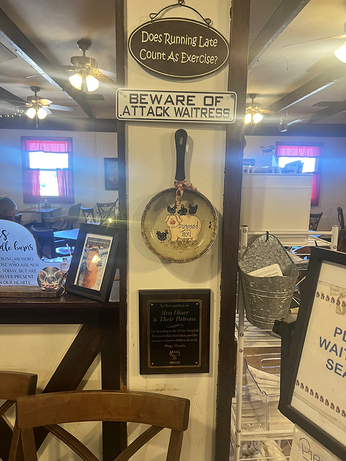 Beware of Attack Waitress isn't just a sign—it's fair warning that the service here comes with a side of personality and zero pretension.