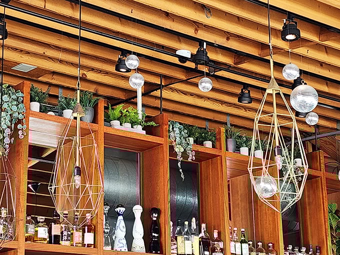 Nautical touches like shell art and starburst lighting create maritime elegance without crossing into cheesy theme restaurant territory.
