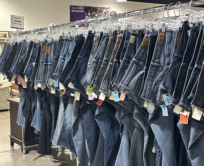Denim heaven for the jean enthusiast! From dad jeans to skinny fits, this rack holds more American history than most museums—and you can wear it home.