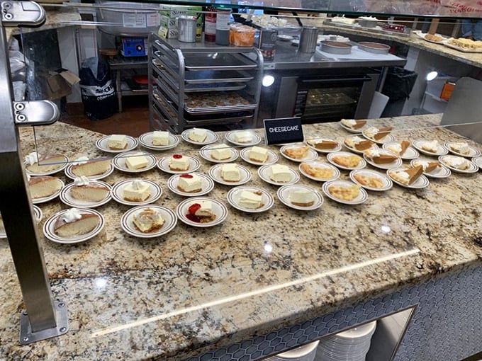 Dessert station paradise – rows of cheesecake slices standing at attention like sweet soldiers ready for deployment to happy plates.