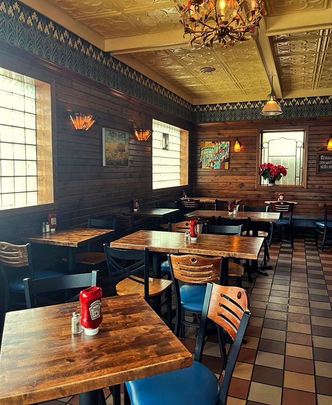 Rustic wooden tables, teal accents, and that stunning ceiling – Tip Top's dining room feels like the Wisconsin tavern of your dreams.