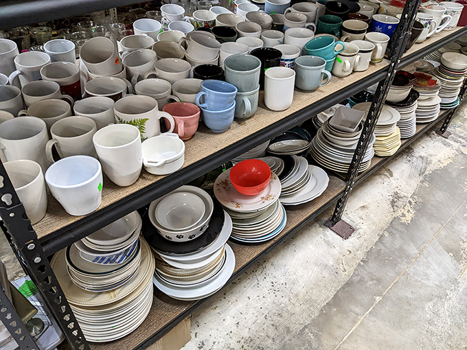 Dishware stacks like ceramic soldiers ready to serve meals without requiring military-grade budgets for purchase.