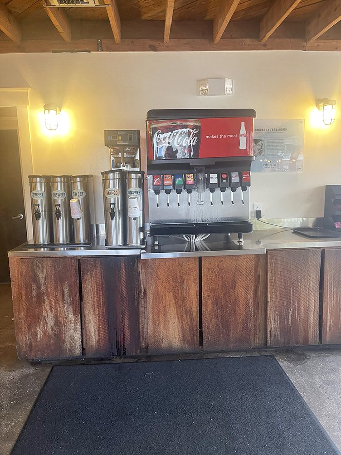 The drink station – where sweet tea flows like liquid gold and the soda machine stands ready to provide the perfect complement to your seafood feast.