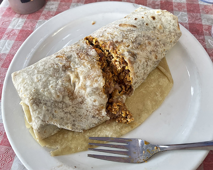 Behold the burrito in its natural habitat—plump, perfectly wrapped, and ready to transport you to flavor country without a passport.
