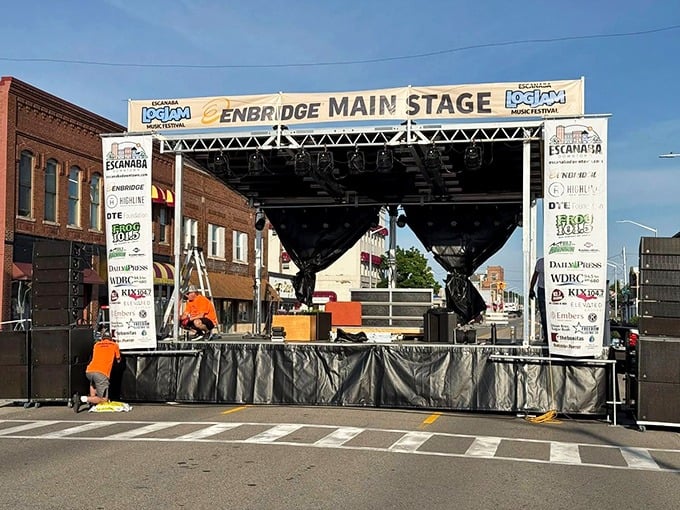 Escanaba's LogJam Music Festival transforms ordinary streets into concert venues where music echoes between historic brick buildings.