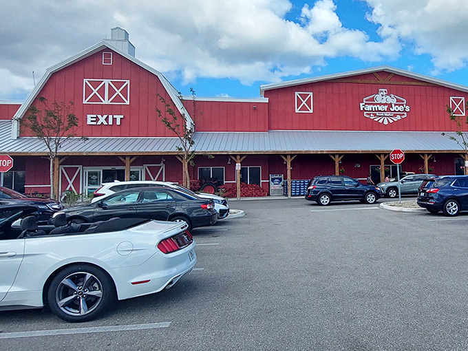 Farmer Joe's red barn architecture stands out in palm tree country. Inside, produce displays rival art installations for their careful composition.